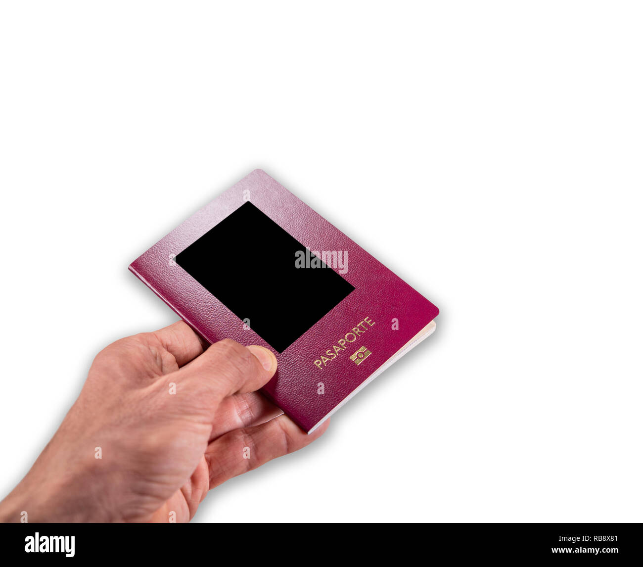 Caucasian man hand giving passport on white with text space and shadow ...