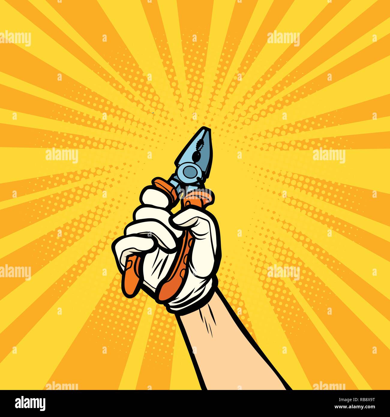 hand with pliers, work tool. Comic cartoon pop art retro vector ...