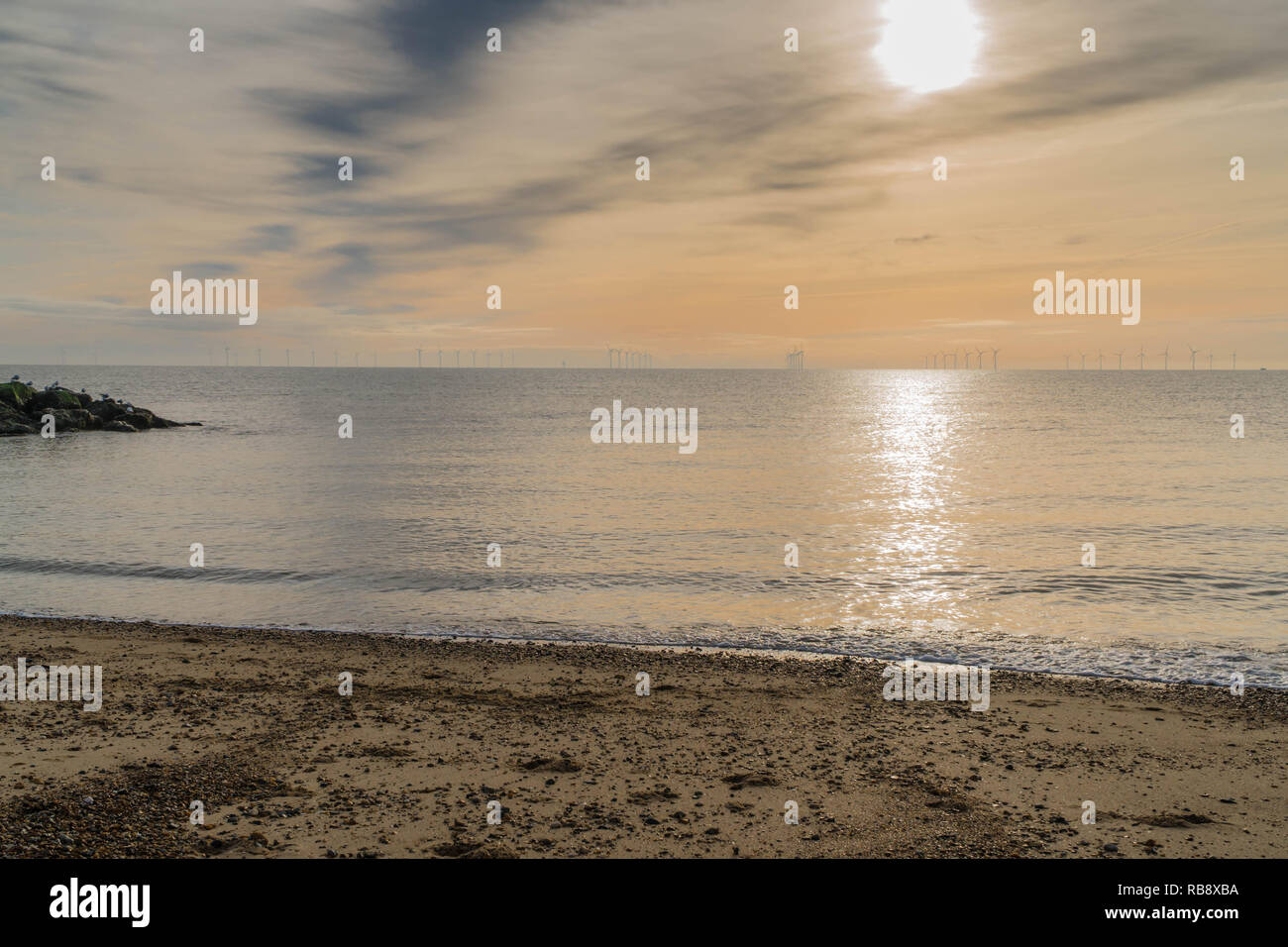 Gunfleet Sands offshore wind farm seen from the beach at Clacton on Sea ...