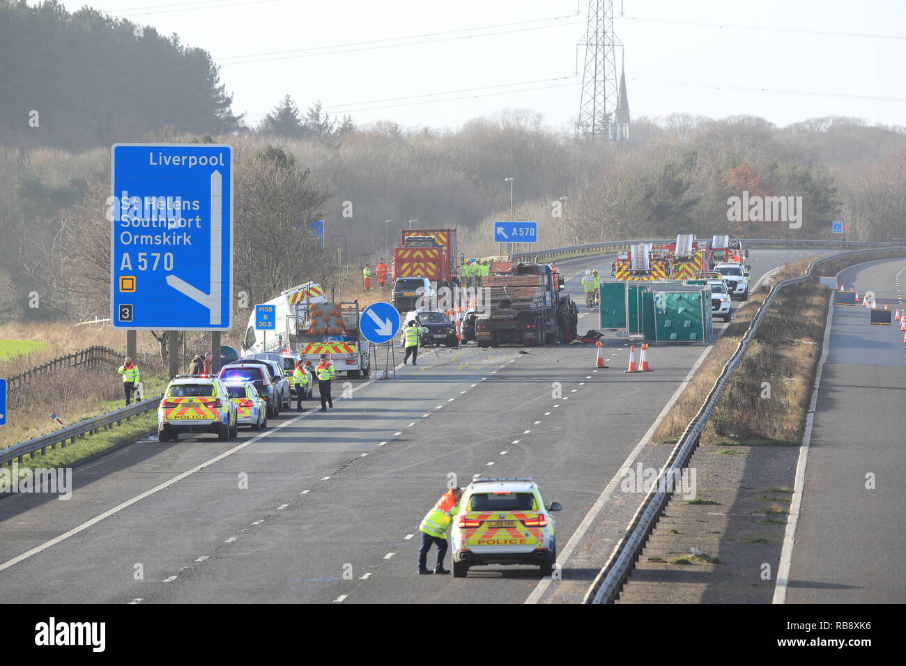 The scene of a multi vehicle crash on the M58. Four people have been ...