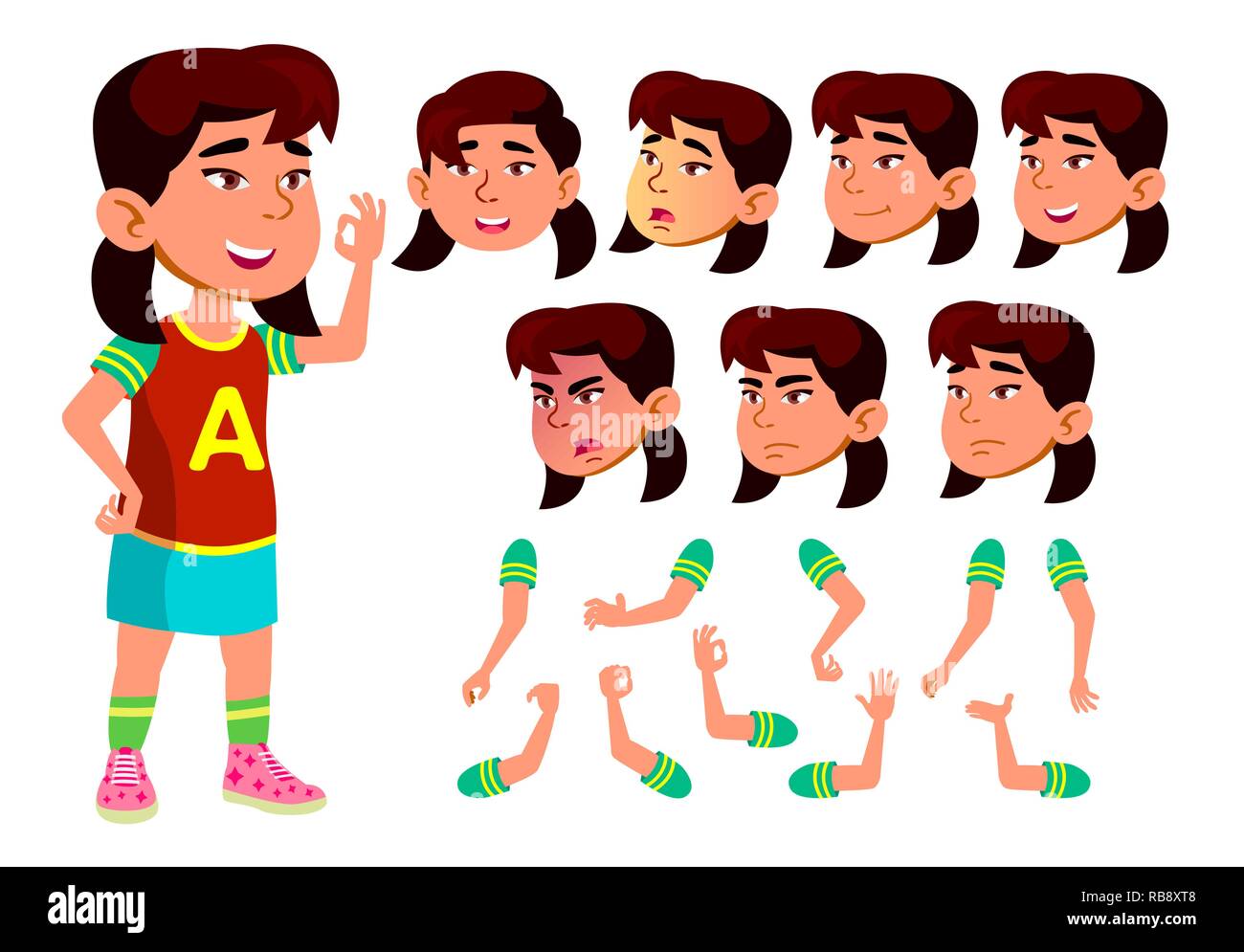 Asian Girl, Child, Kid, Teen Vector. Schoolchild. Face Emotions ...