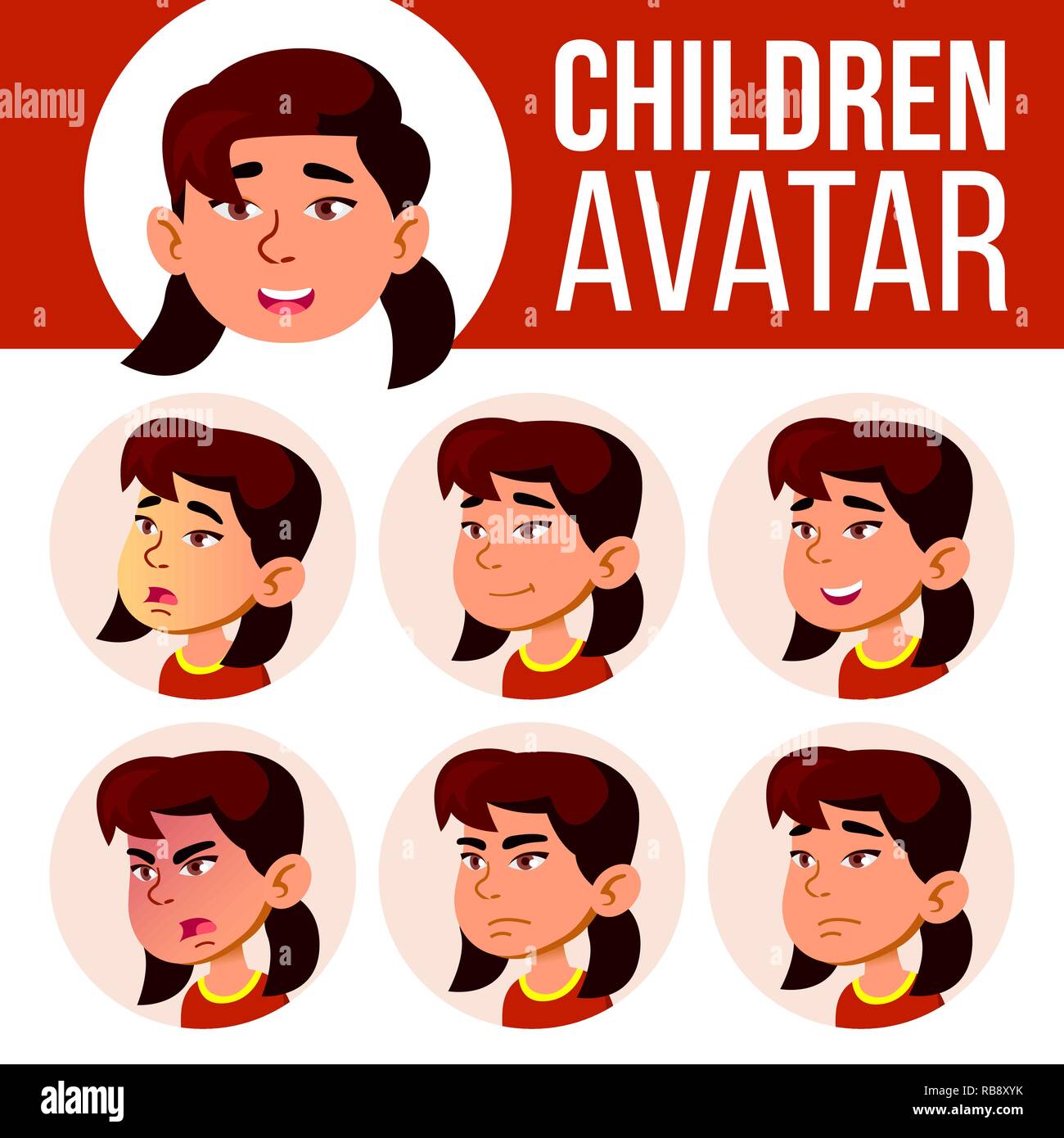 Asian Girl Avatar Set Kid Vector. Kindergarten. Face Emotions. Portrait ...