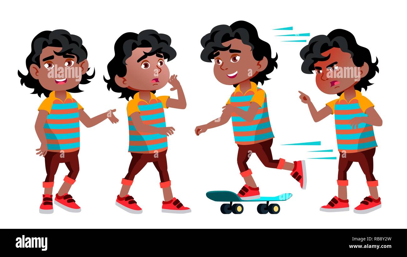 Black, Afro American Boy Kindergarten Kid Poses Set Vector. Kiddy ...