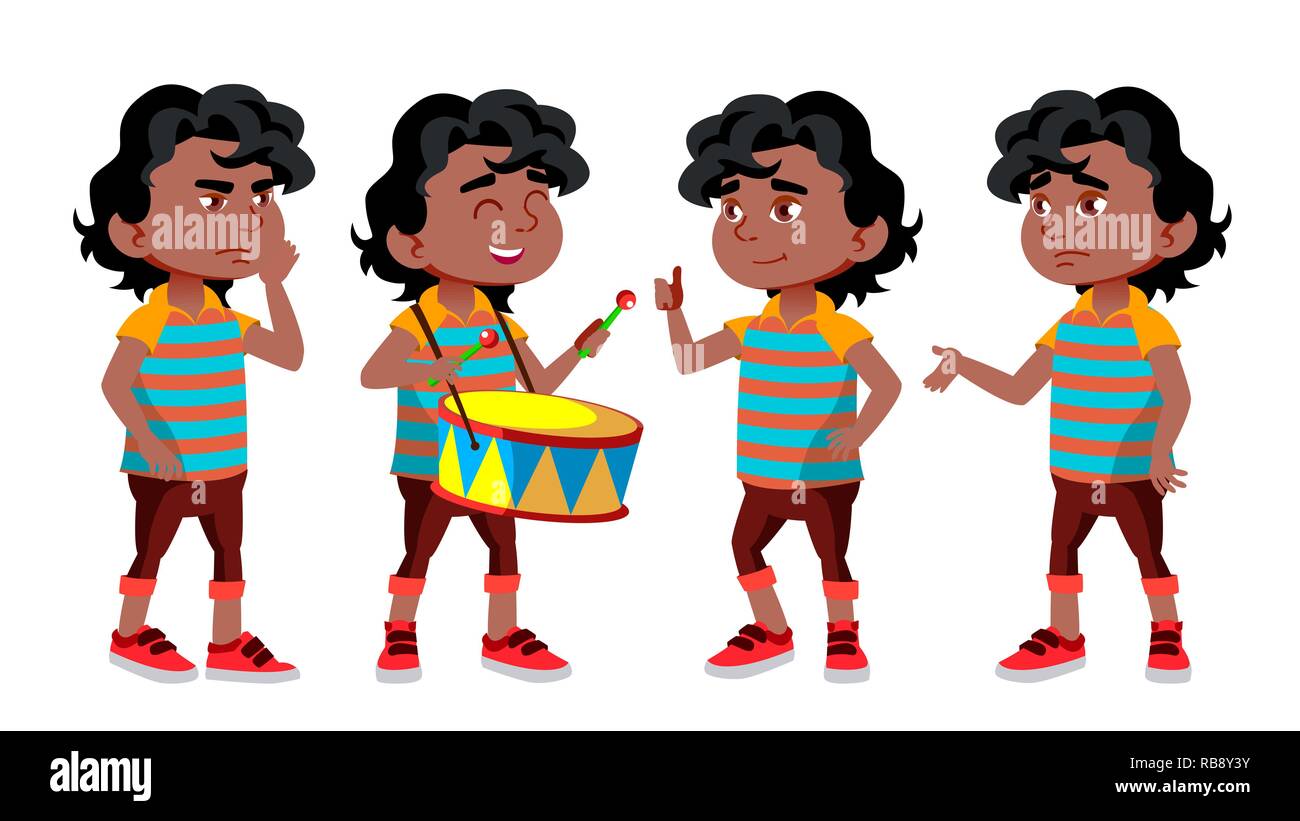 Black, Afro American Boy Kindergarten Kid Poses Set Vector. Character ...