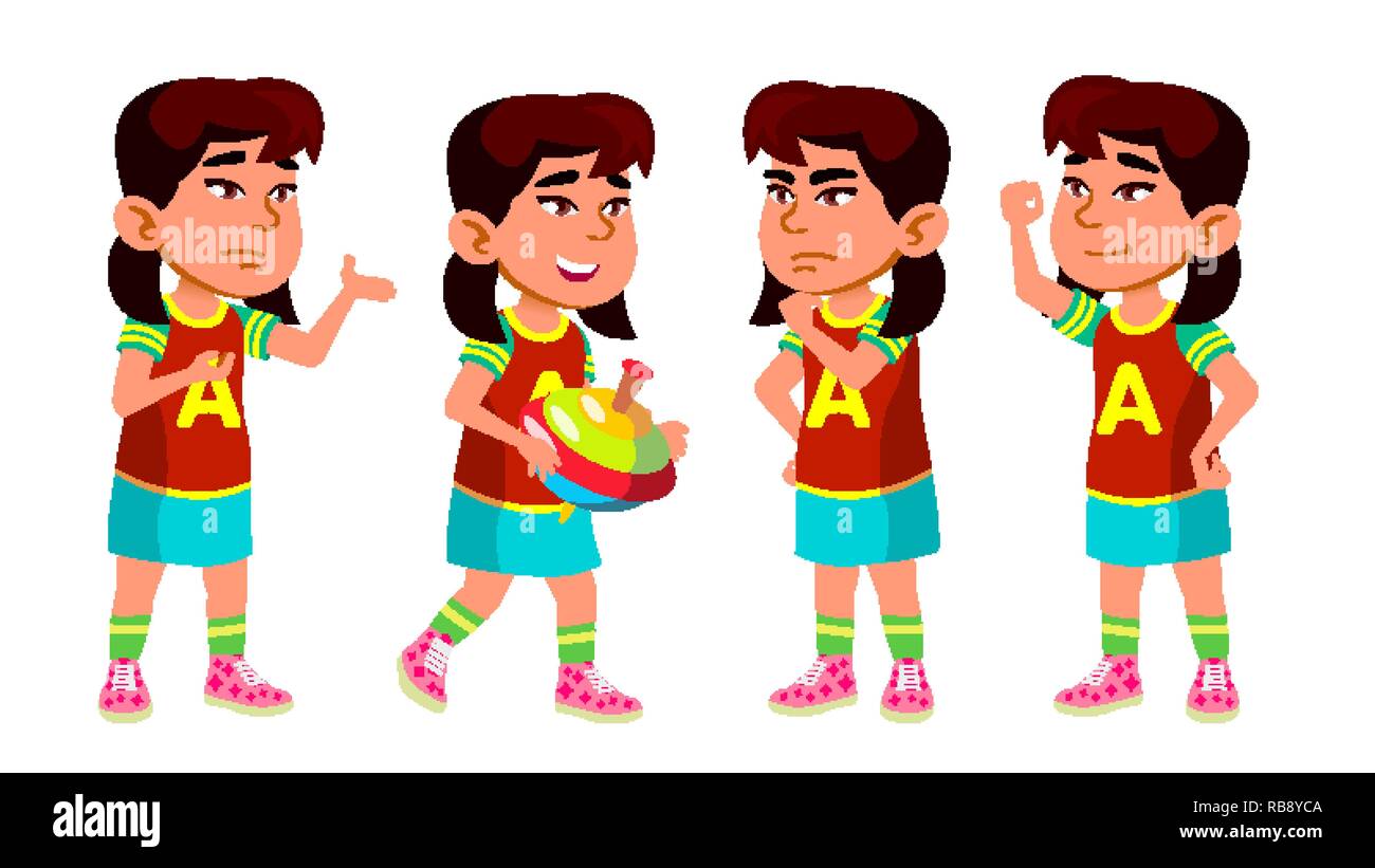 Asian Girl Kindergarten Kid Poses Set Vector. Preschooler Playing ...