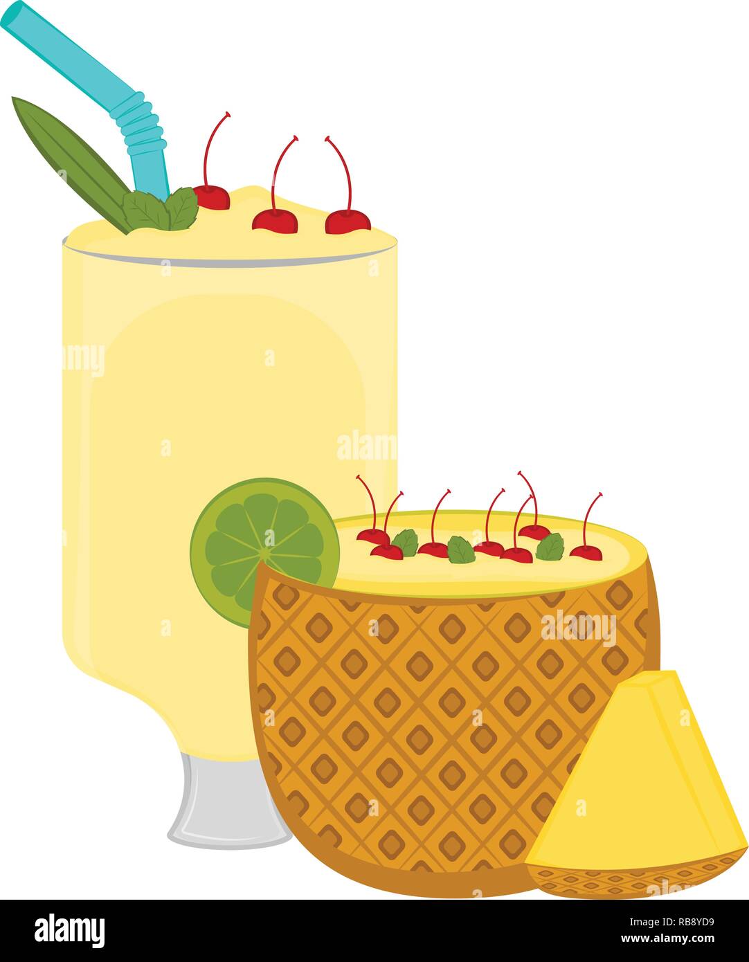 Isolated pina colada cocktails in a pineapple and glass. Vector ...