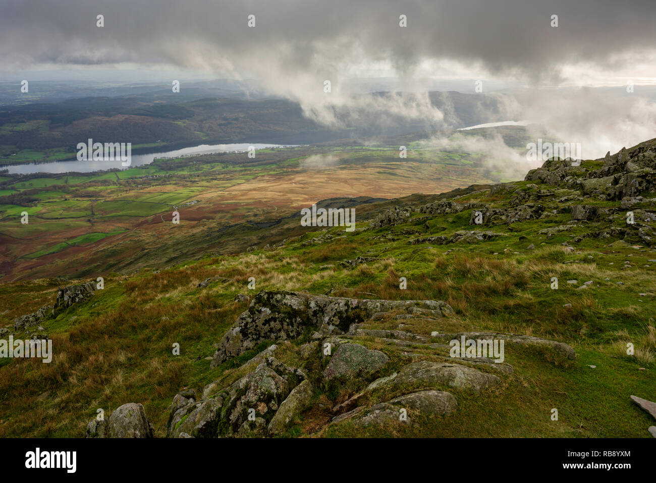 View over Coniston Water from the flank of The Old Man of Coniston in ...