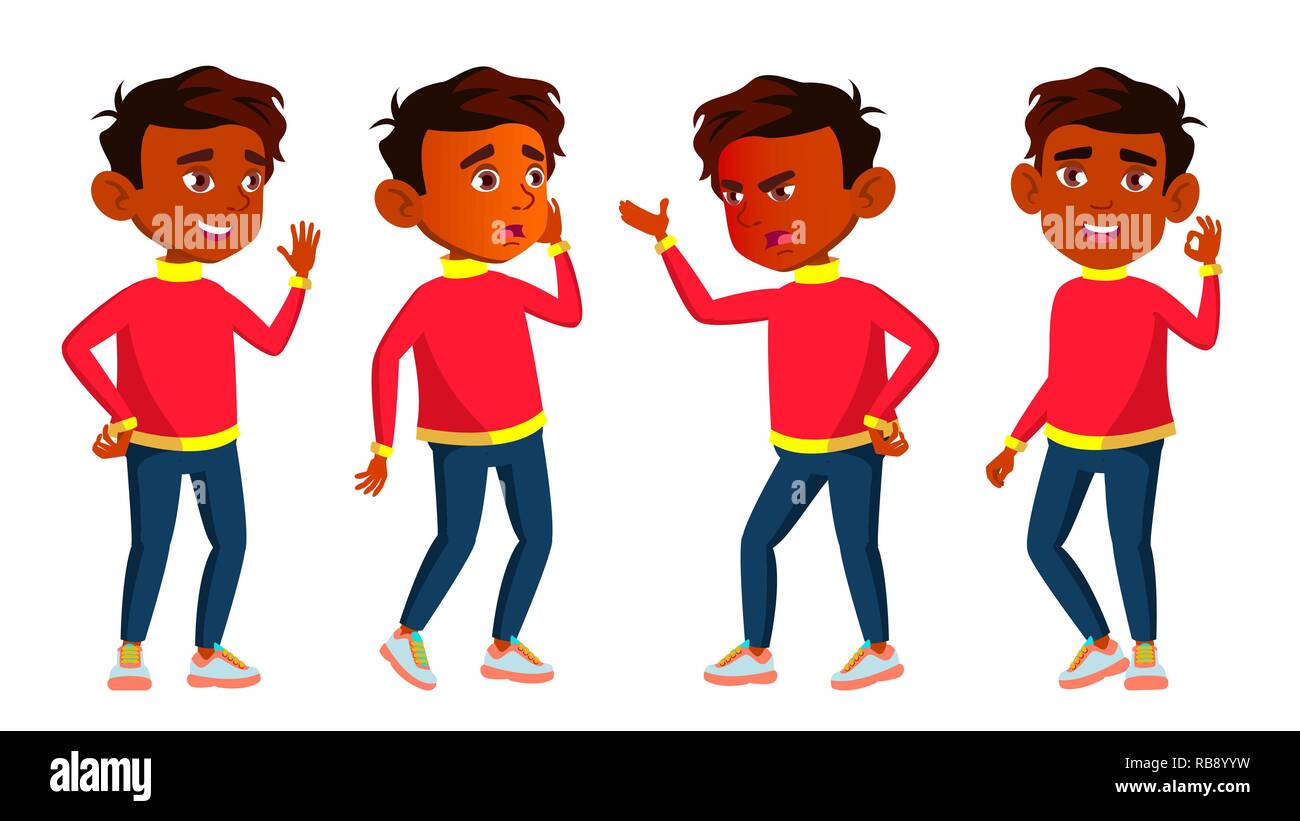 Indian Boy Schoolboy Poses Set Vector. Primary School Child. Happy ...