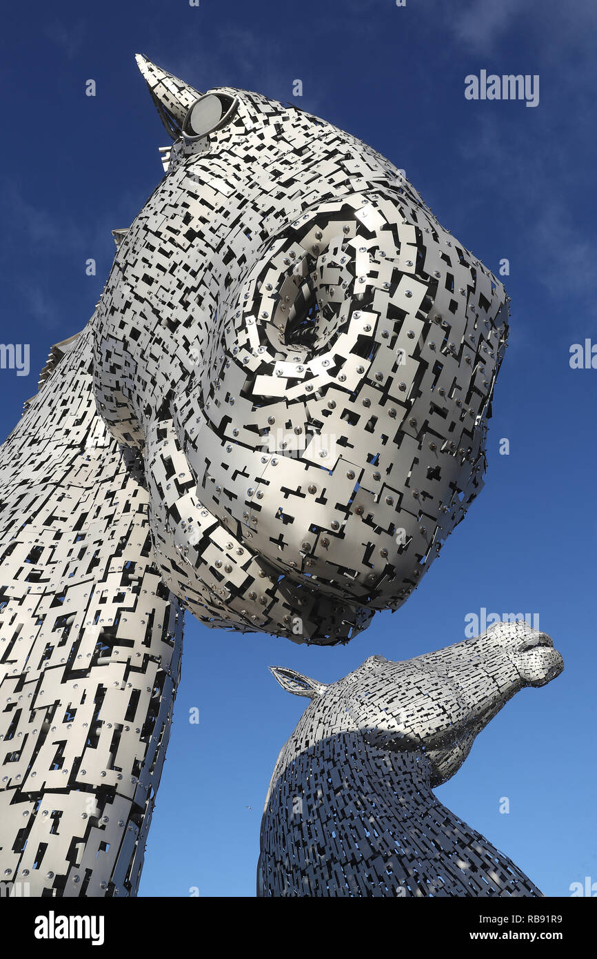 Winter sunshine at the Kelpies on the Forth and Clyde canal at Falkirk ...