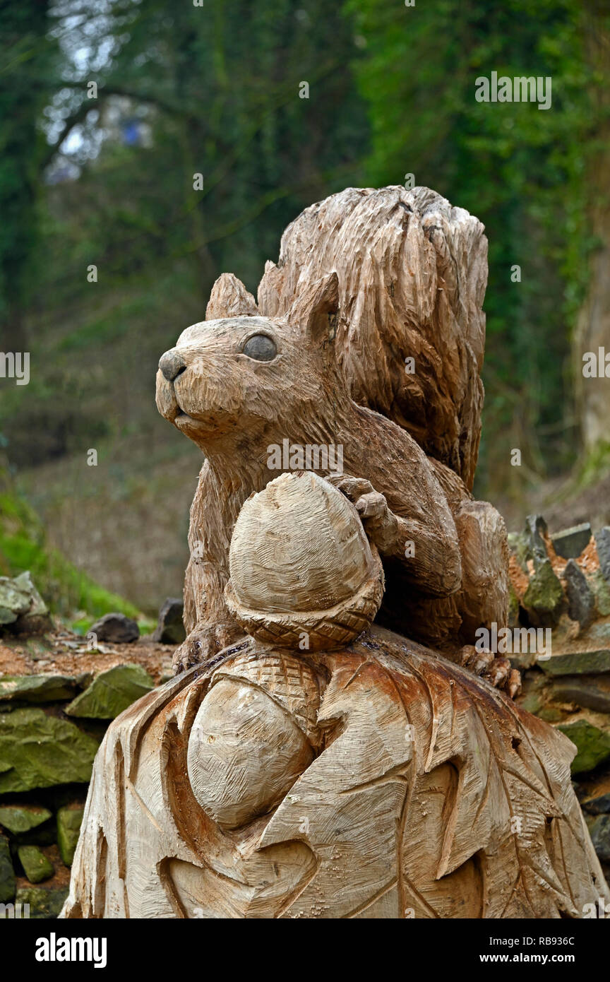 Carved wooden sculpture of Squirrel with acorns and leaves by Andy Levy ...