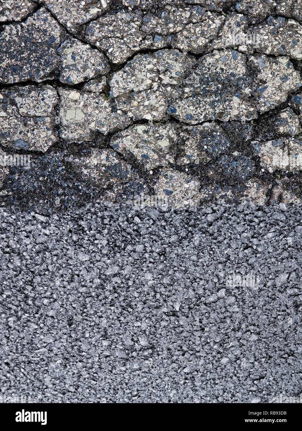 Old damaged cracked asphalt road surface against a new draining asphalt ...