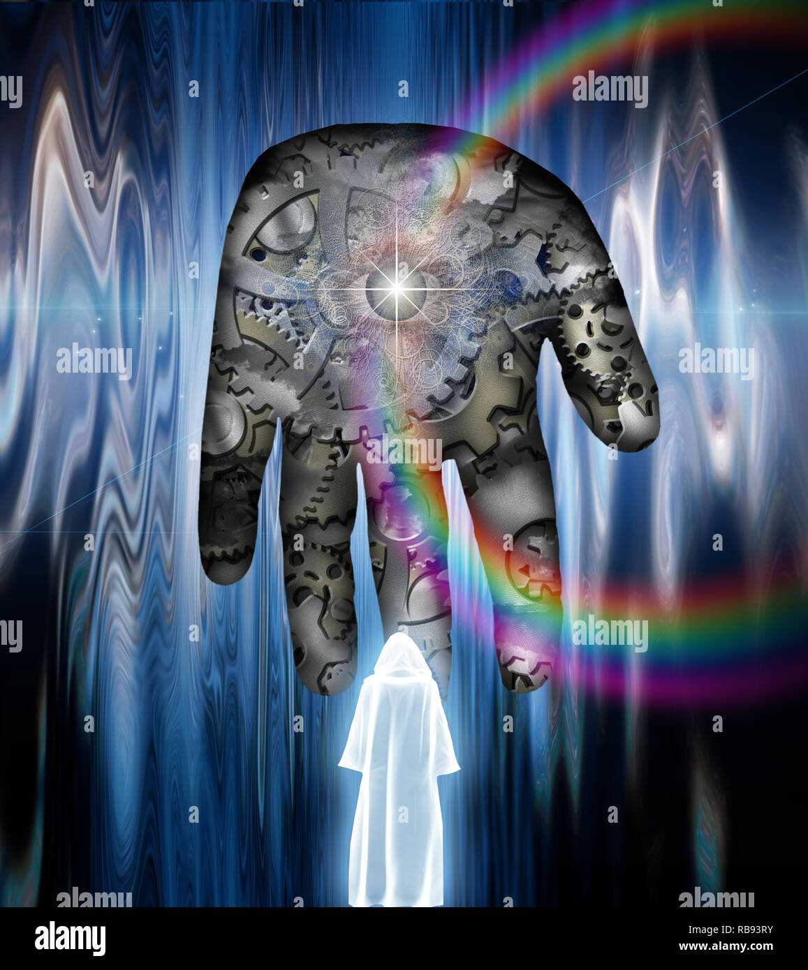 God Machine. Human palm with gears and eye. Figure in white glowing ...