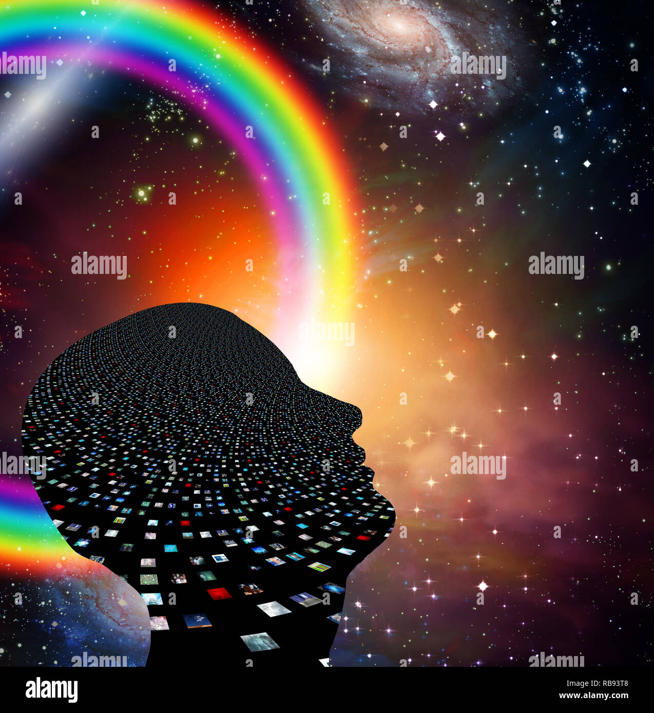 Man with many images in his mind. Vivid universe with galaxy and ...