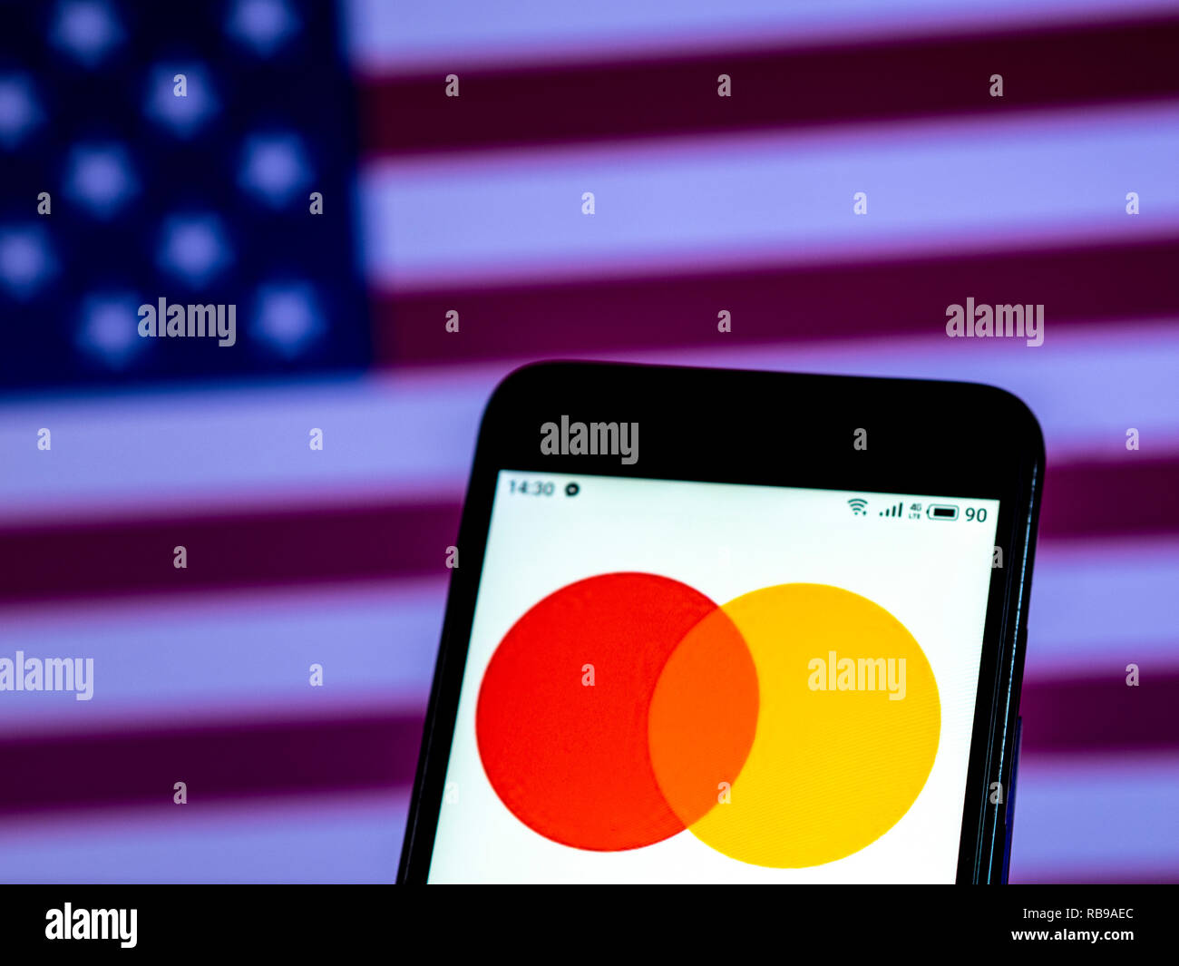 Mastercard new logo seen displayed on smart phone. The company ...