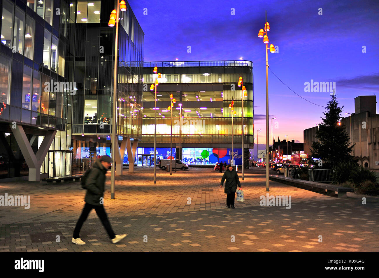Winter dusk over the Bickerstaff Square in Blackpool town centre Stock ...