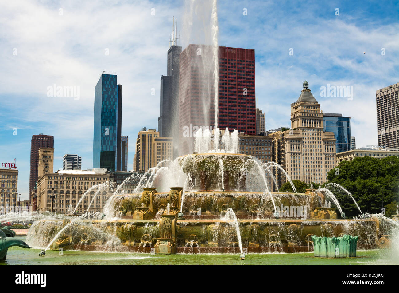 Fountain in the city on a beautiful Summer afternoon. Chicago, Illinois ...