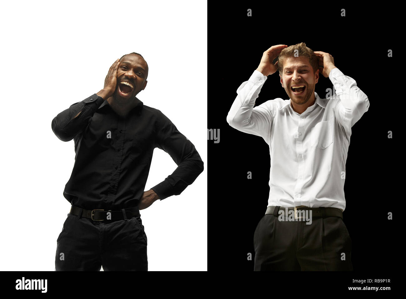 The success happy afro and caucasian men. Mixed couple. Dynamic image ...