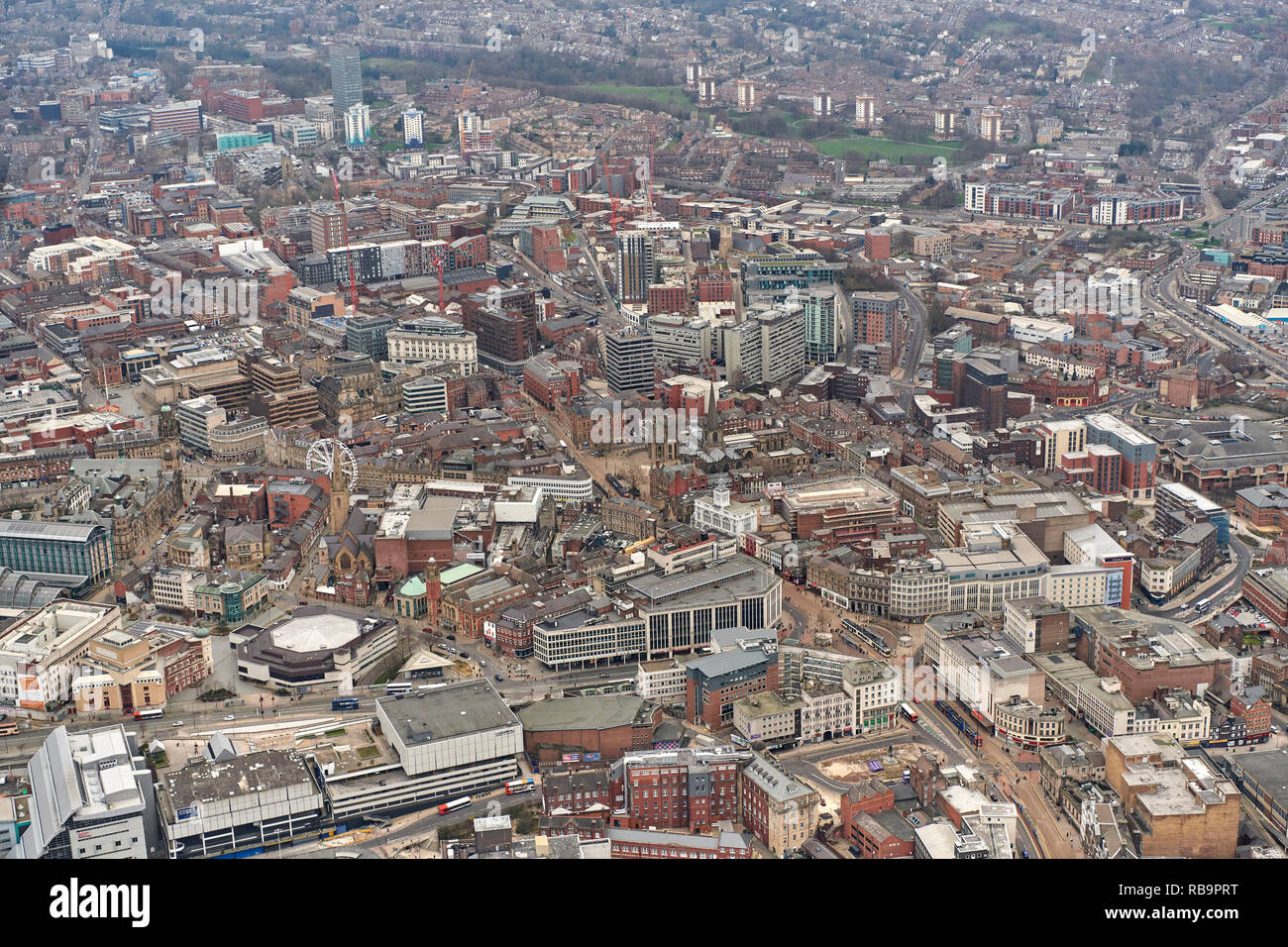Sheffield City Centre from the air, South Yorkshire, Northern England ...