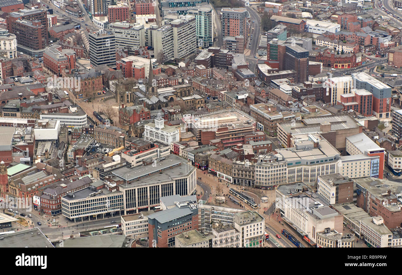 Sheffield City Centre from the air, South Yorkshire, Northern England ...