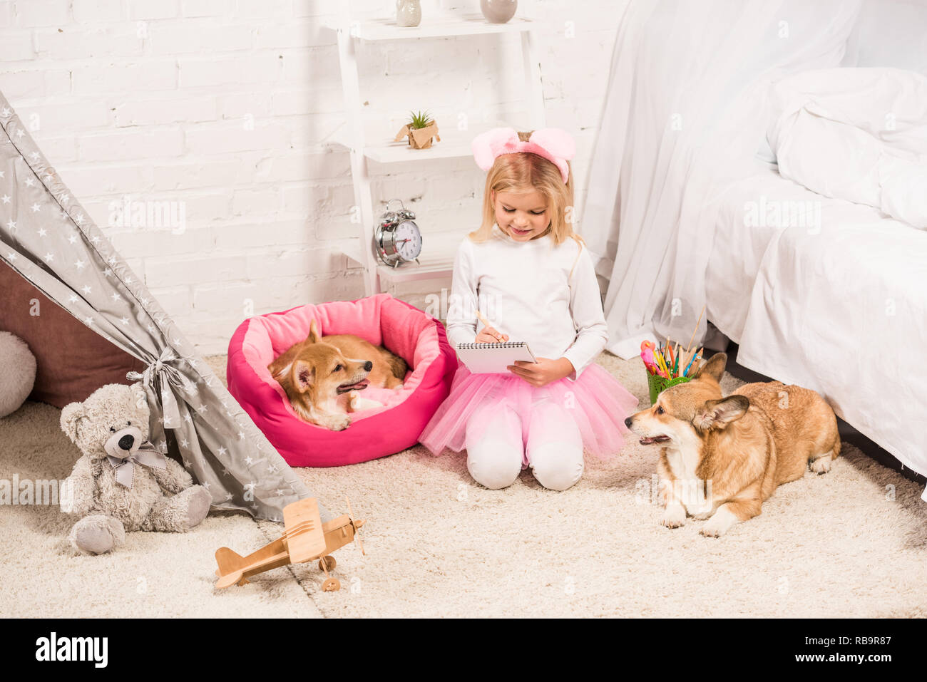 child in bunny ears headband sitting with welsh corgi dogs at home and ...