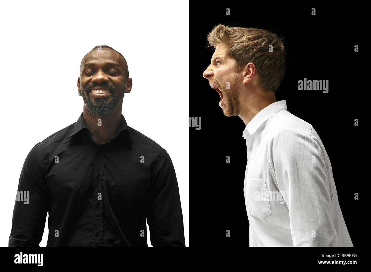 The screaming afro and caucasian men. Mixed couple. Dynamic image of ...