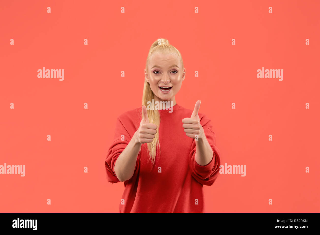 I am ok. Happy business woman, sign ok, smiling, isolated on trendy ...