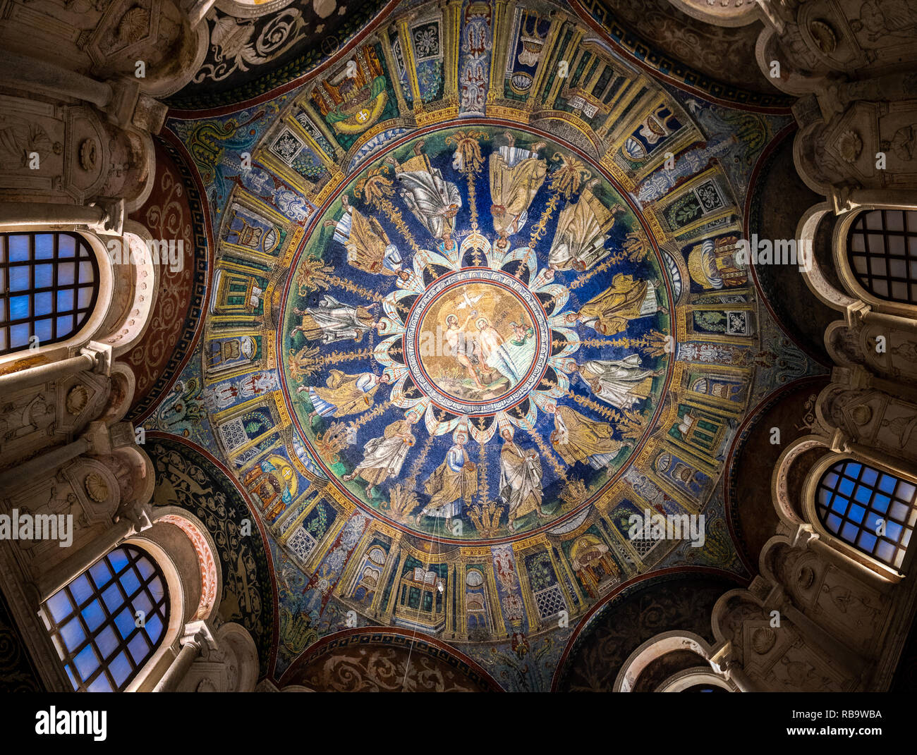 Byzantine golden mosaics covering cupola of Neon Baptistery. Famous ...
