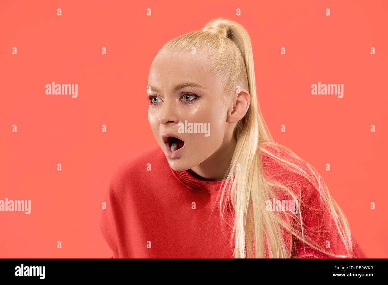 Screaming, hate, rage. Crying emotional angry woman screaming on coral ...