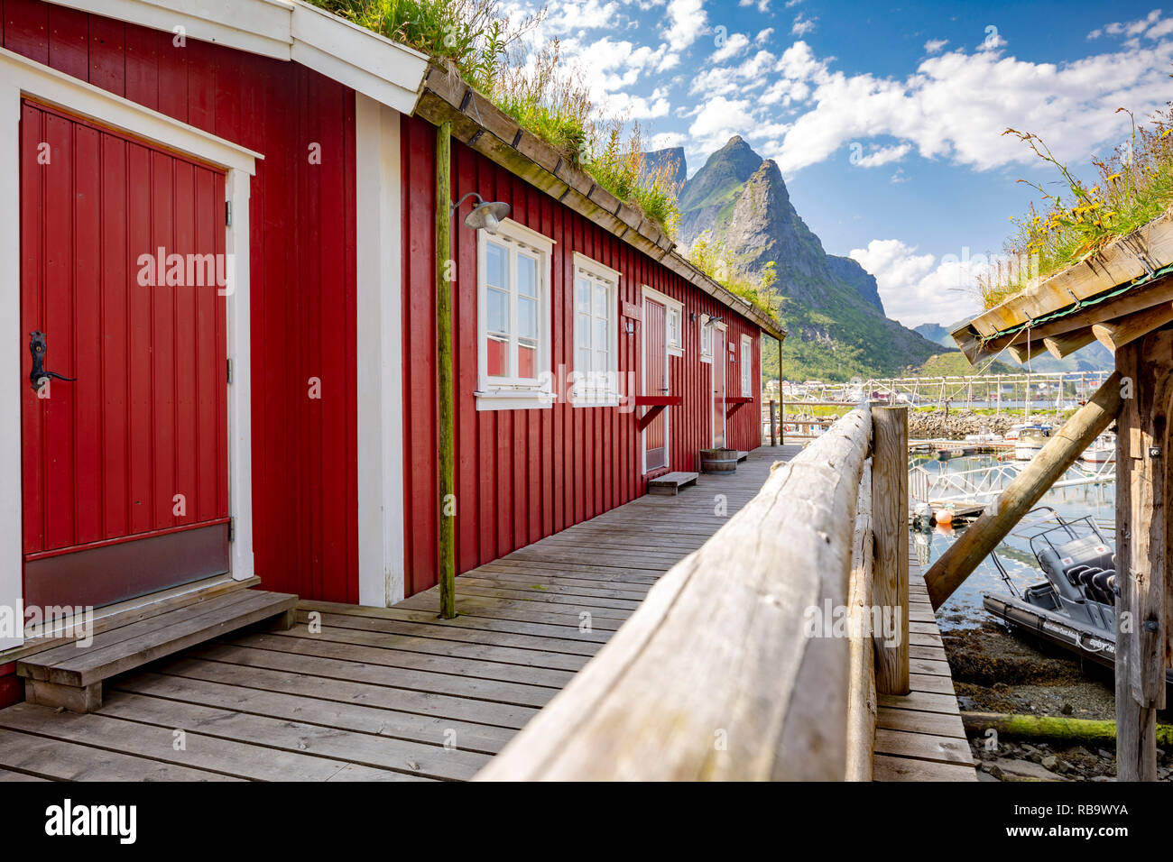 Red houses along the water in a Norwegian fishing village in Reine ...