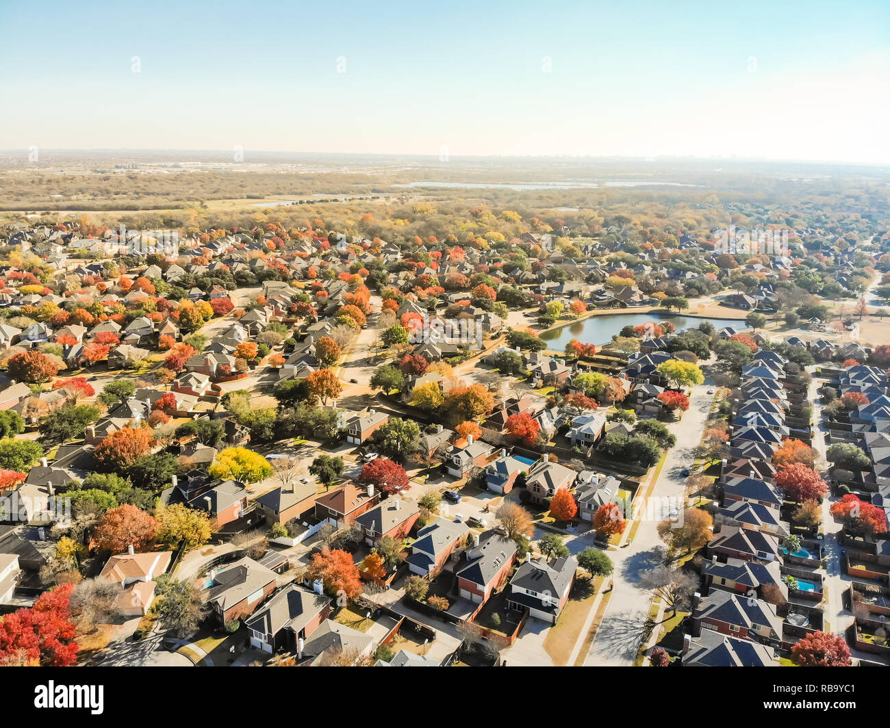 Top view colorful lakeside urban sprawl residential area near Da Stock ...