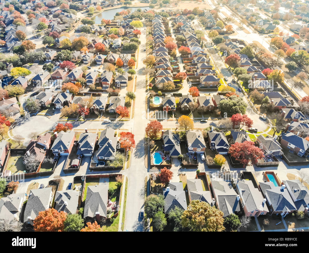 Top view colorful lakeside urban sprawl residential area near Da Stock ...