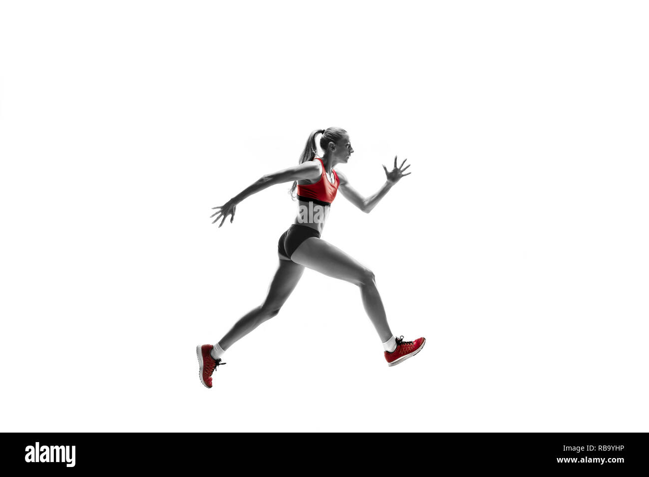The one caucasian female silhouette of runner running and jumping on ...