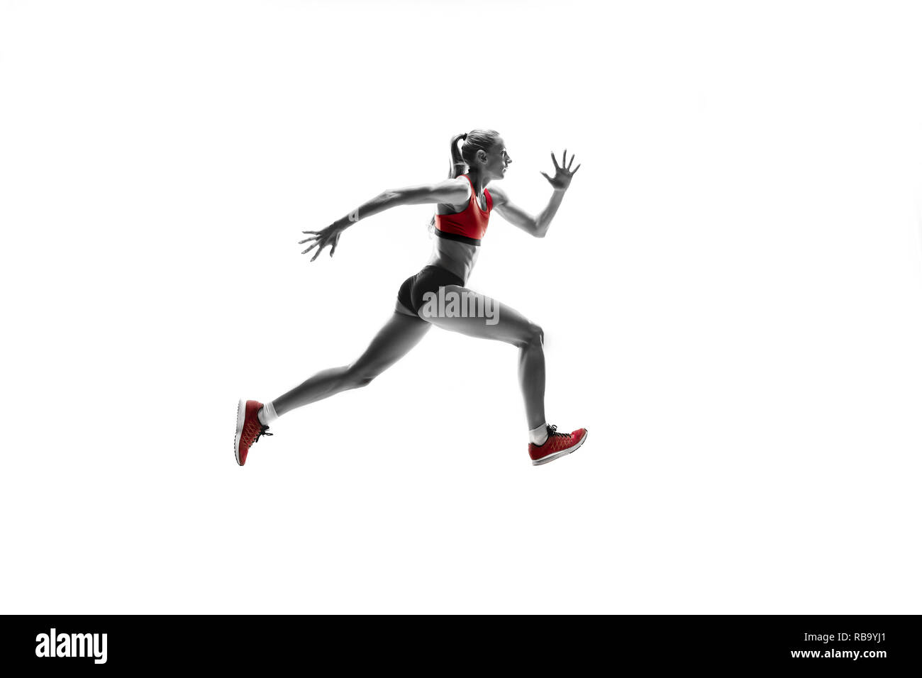 The one caucasian female silhouette of runner running and jumping on ...