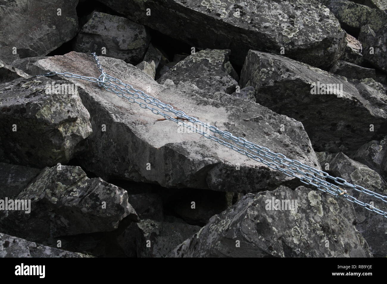Chain attached to rock at Lapland Finland Connecting a remote bridge ...