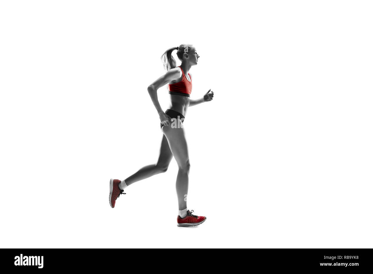 The one caucasian female silhouette of runner running and jumping on ...