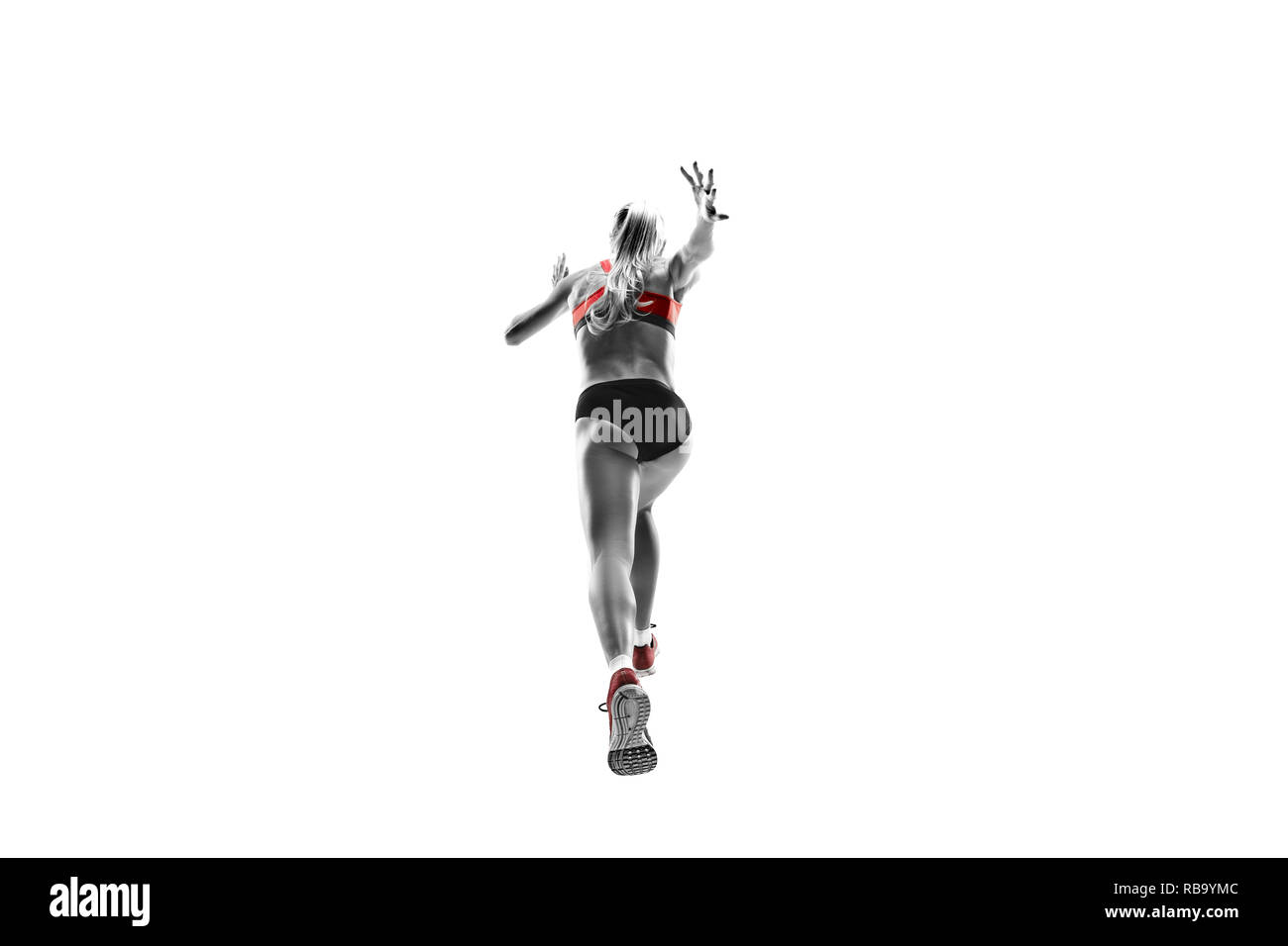 The one caucasian female silhouette of runner running and jumping on ...