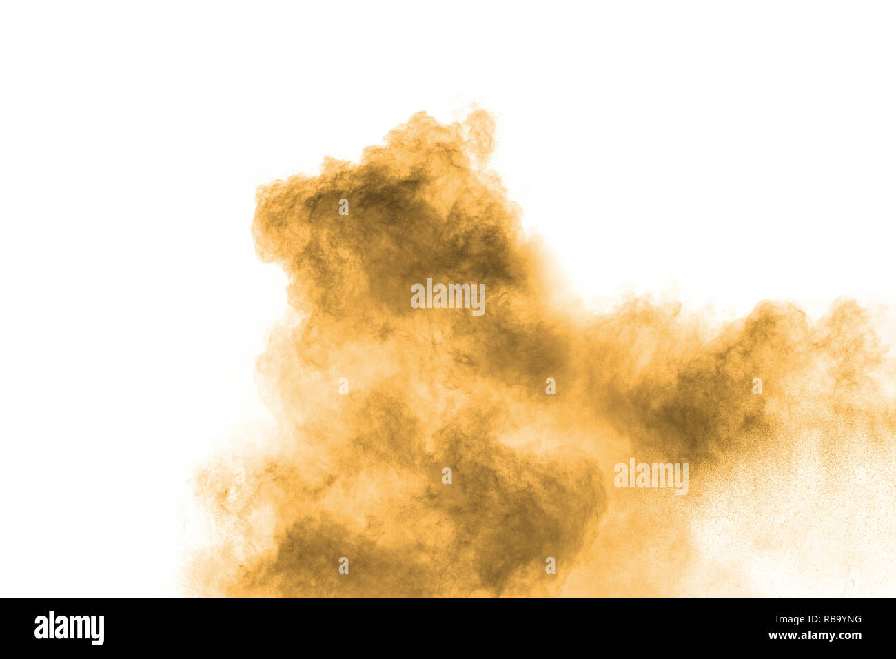 Abstract deep brown dust explosion on white background. Freeze motion ...
