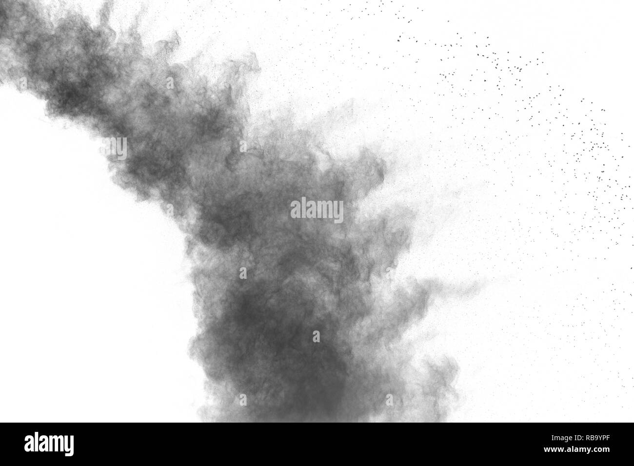 Black powder explosion against white background. Black dust particles ...