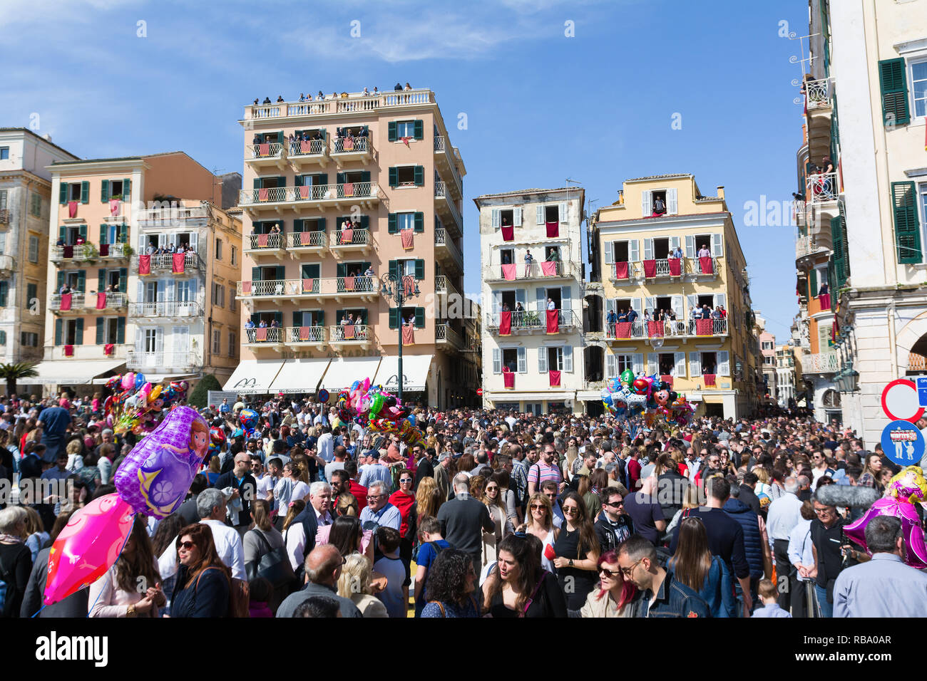 CORFU, GREECE - APRIL 7, 2018: Corfians throw clay pots from windows ...