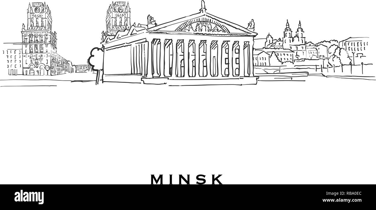 Minsk Belarus famous architecture. Outlined vector sketch separated on ...