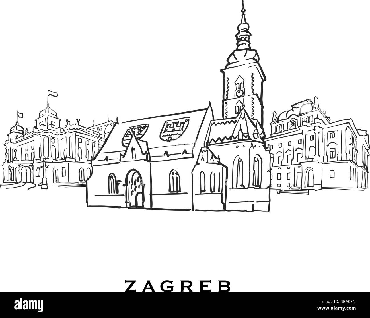 Zagreb Croatia famous architecture. Outlined vector sketch separated on ...