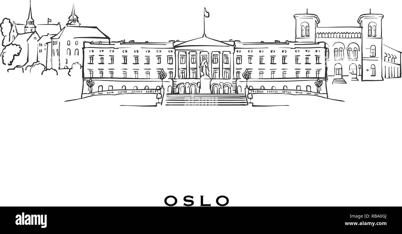 Oslo Norway famous architecture. Outlined vector sketch separated on ...