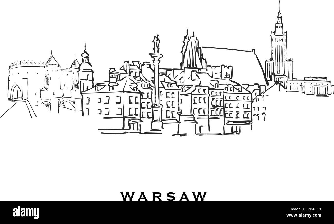 Warsaw Poland famous architecture.Outlined vector sketch separated on ...