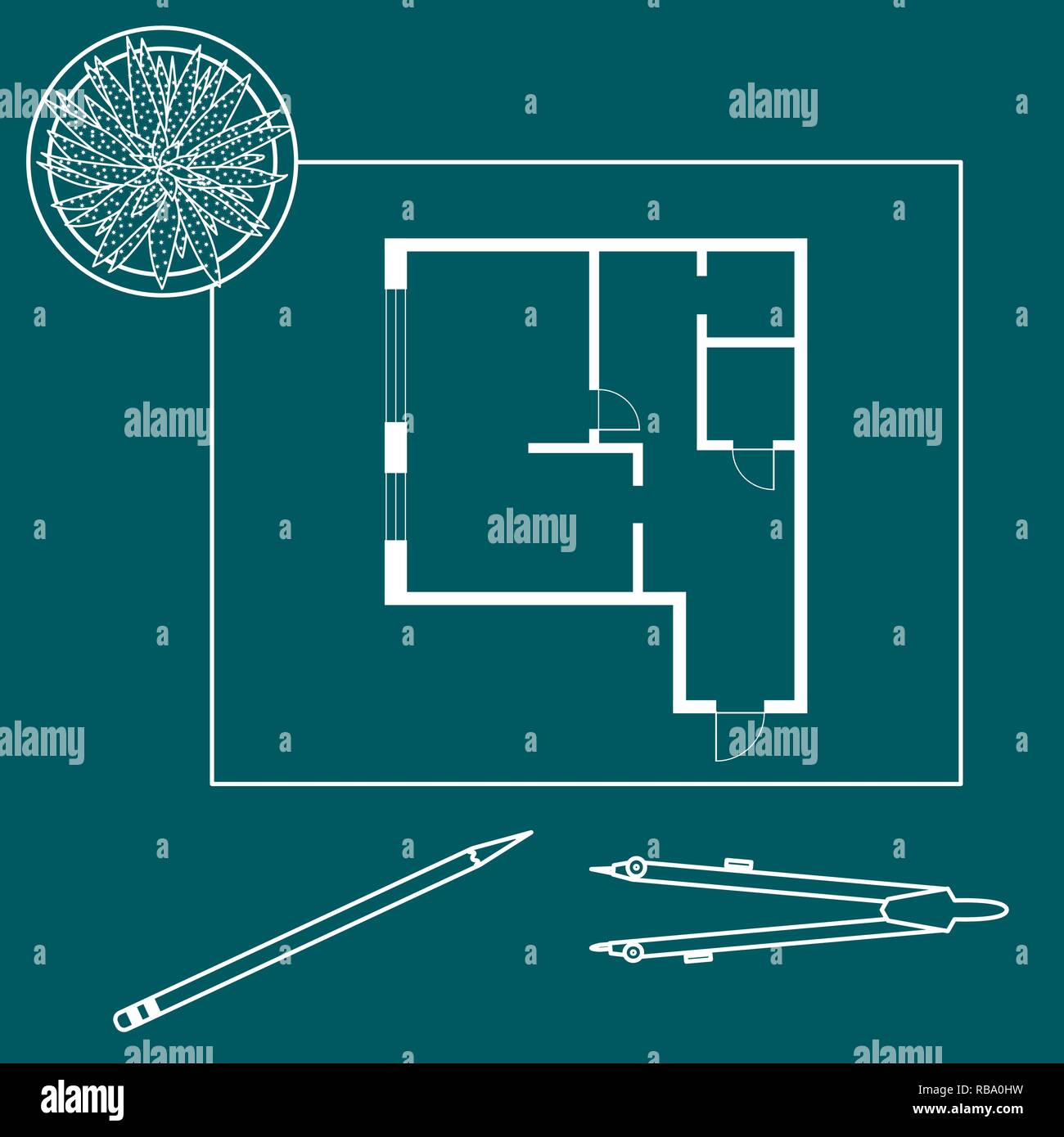 Vector illustration with apartment plan, compass, pencil, cactus ...