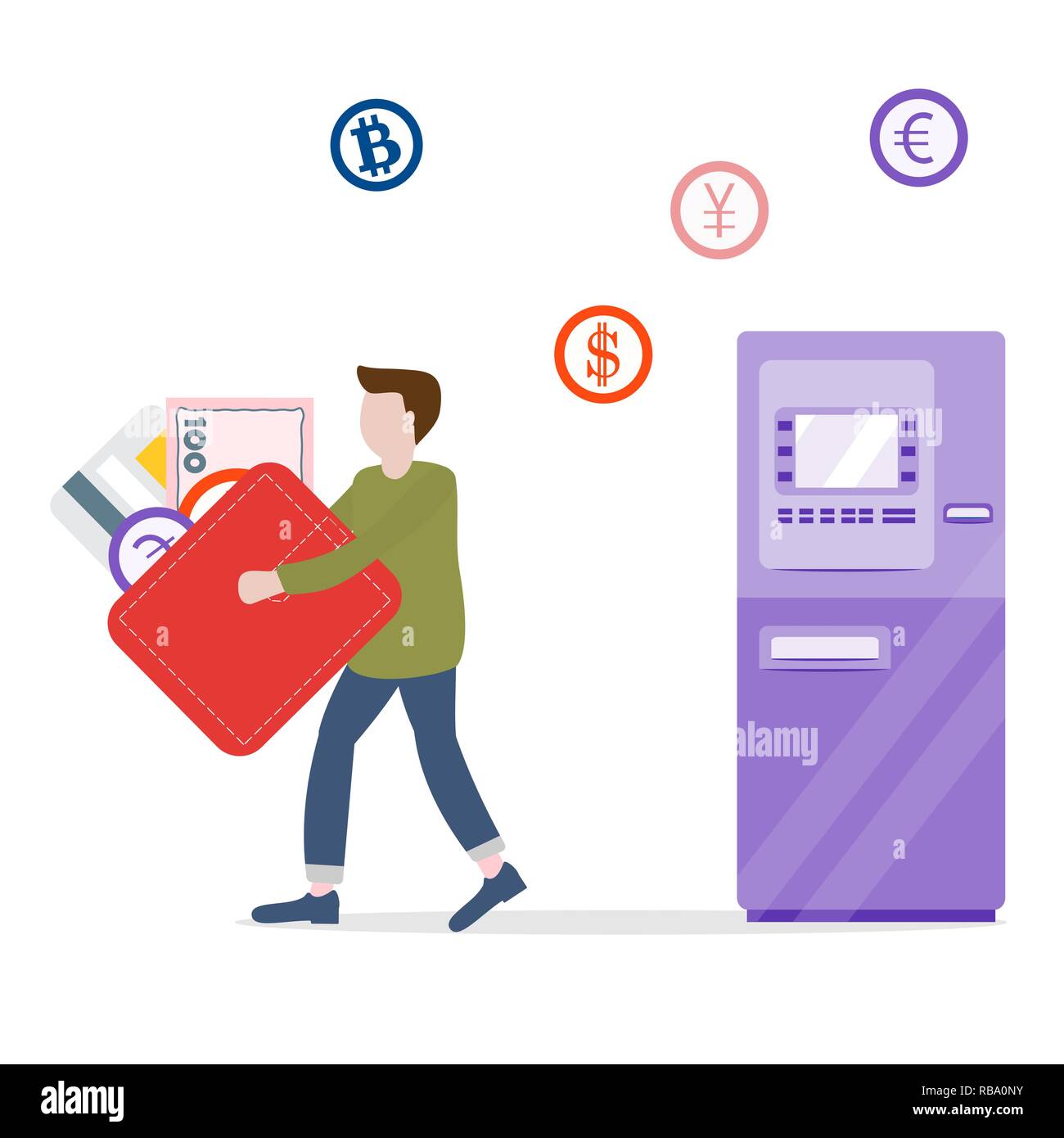 Vector illustration with man goes from ATM or automatic teller machine ...