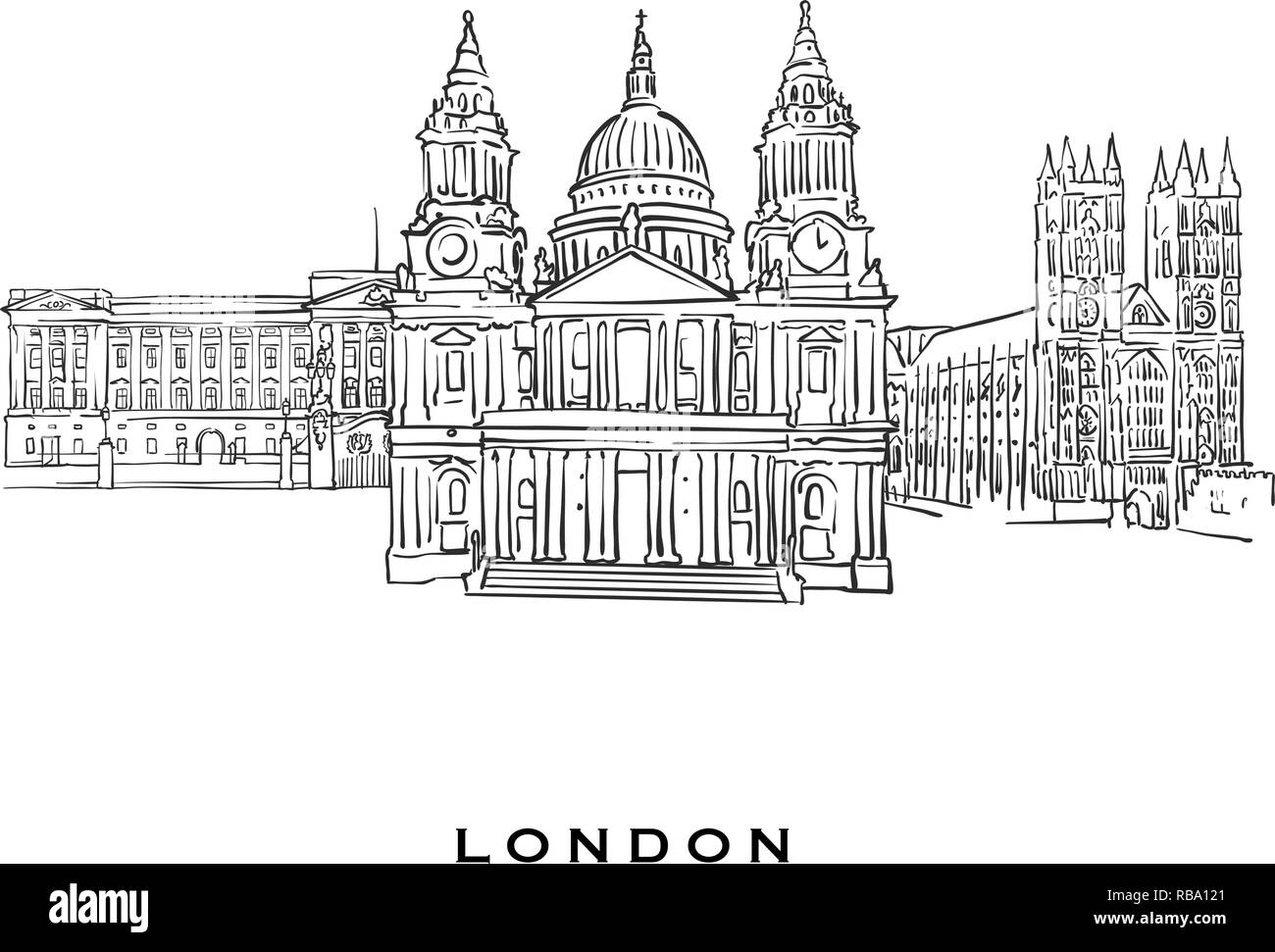 London United Kingdom famous architecture. Outlined vector sketch ...