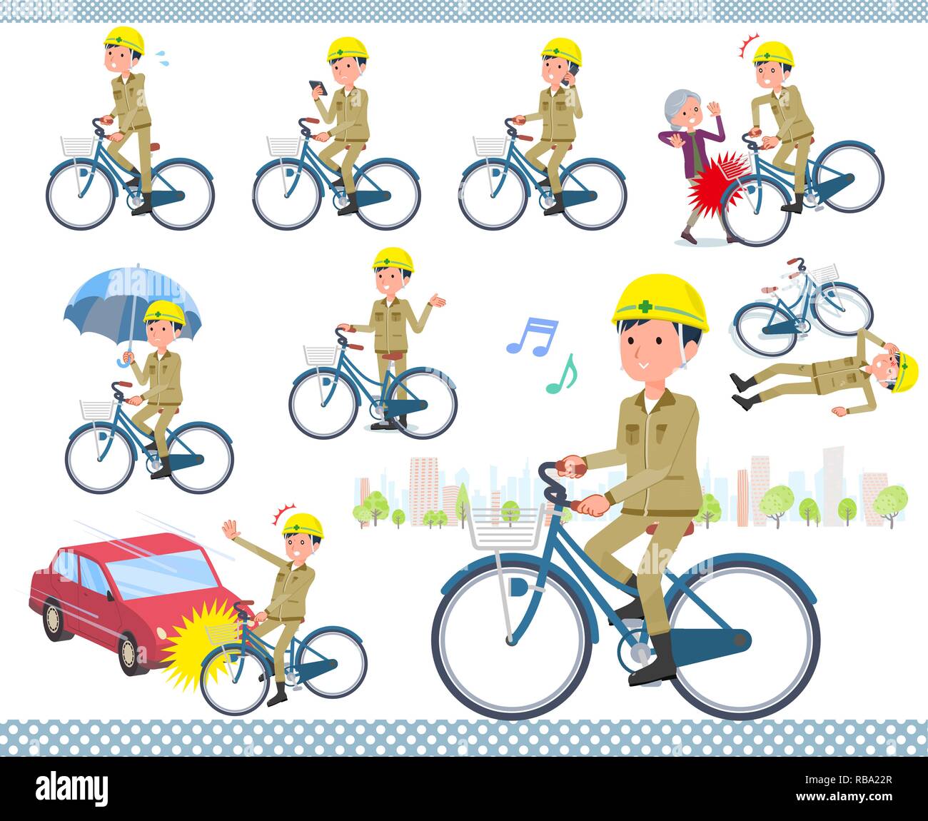A set of working man riding a city cycle.There are actions on manners ...