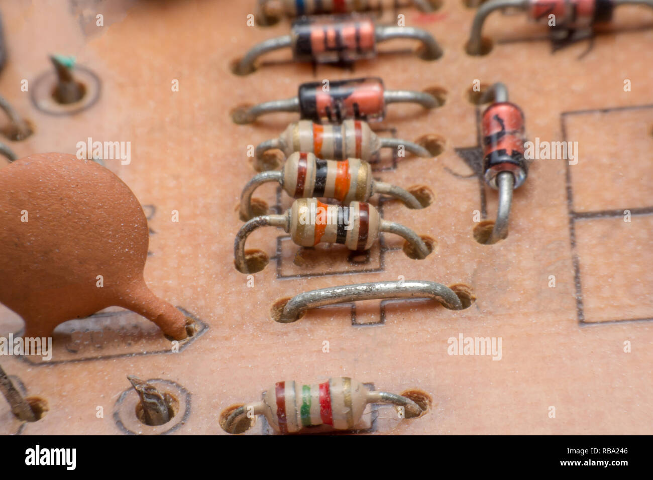 Close up electronic hardware Resistor and condensers assembly on the ...