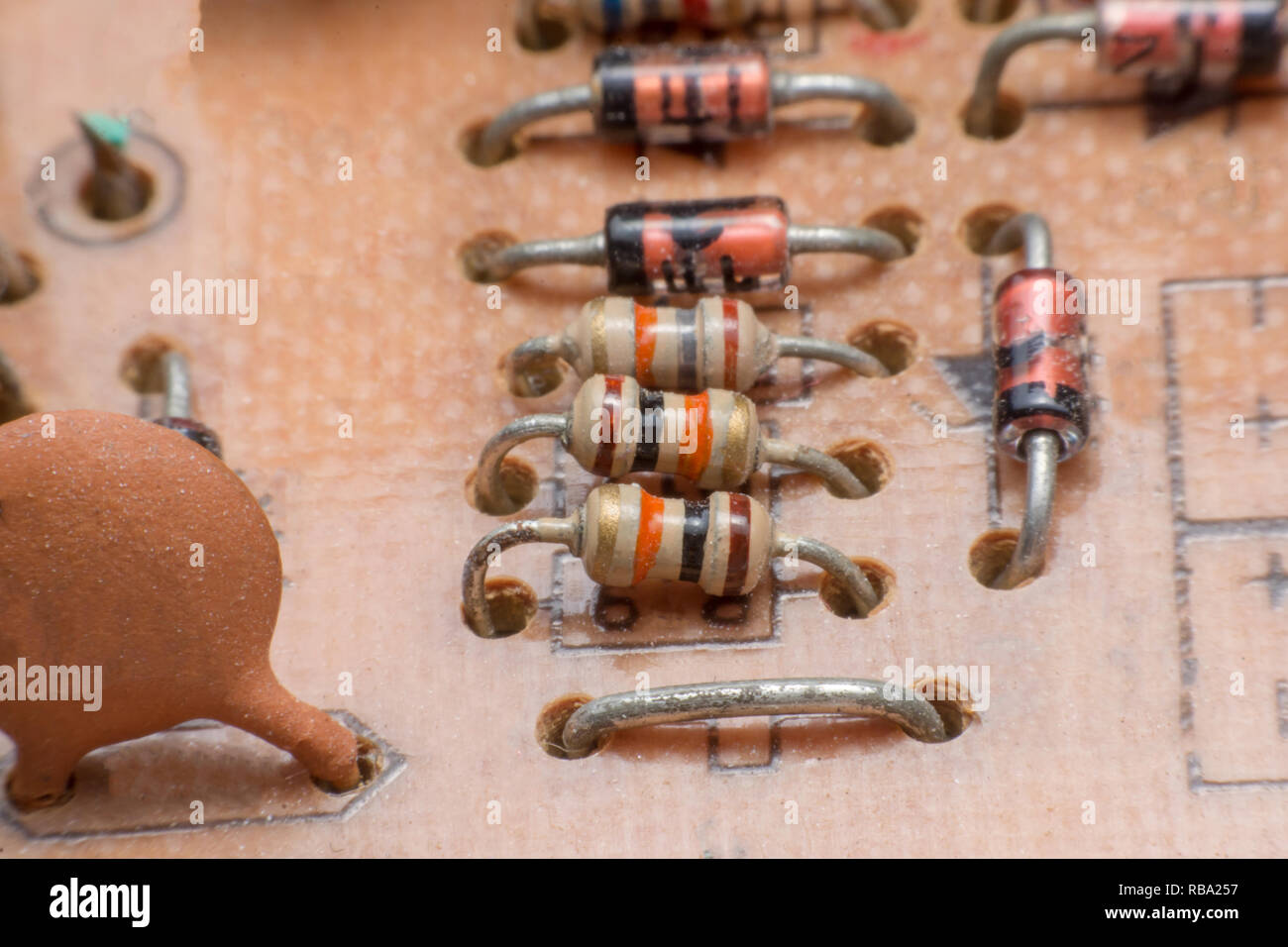 Close up electronic hardware Resistor and condensers assembly on the ...