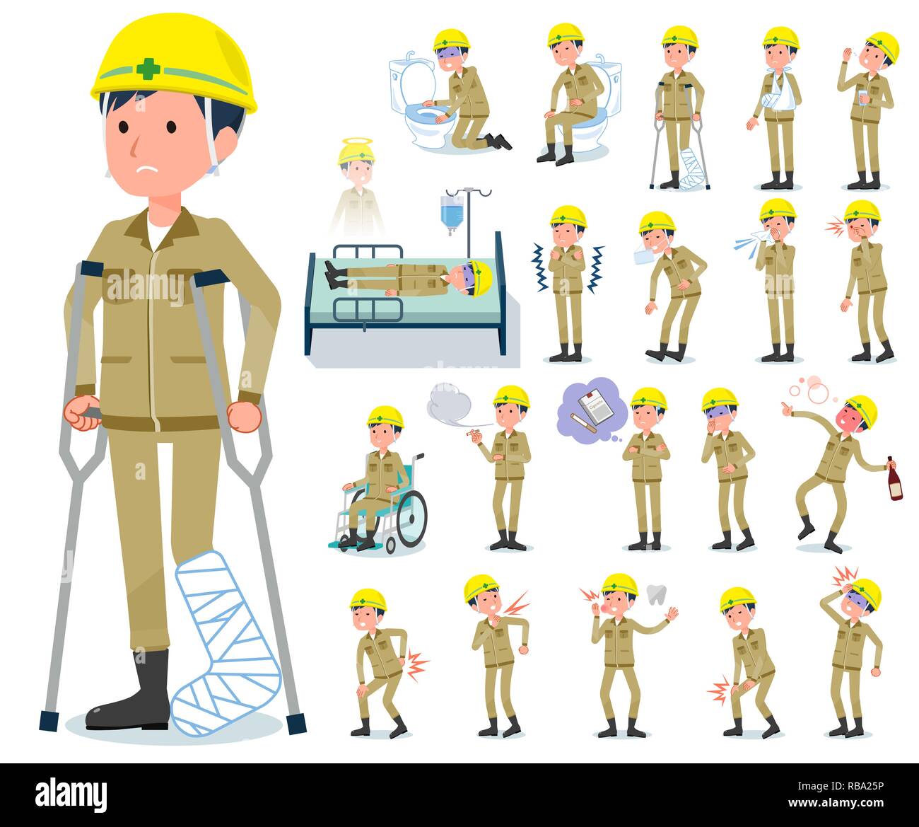 A set of working man with injury and illness.There are actions that ...